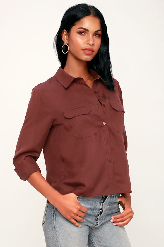 Classic Washed Burgundy Top - Button-Up Top - Long Sleeve Top