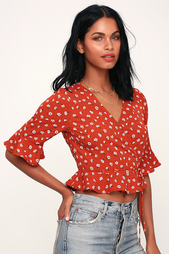 Cute Print Wrap Top - Rust Red Top - Floral Top - Flounce Top