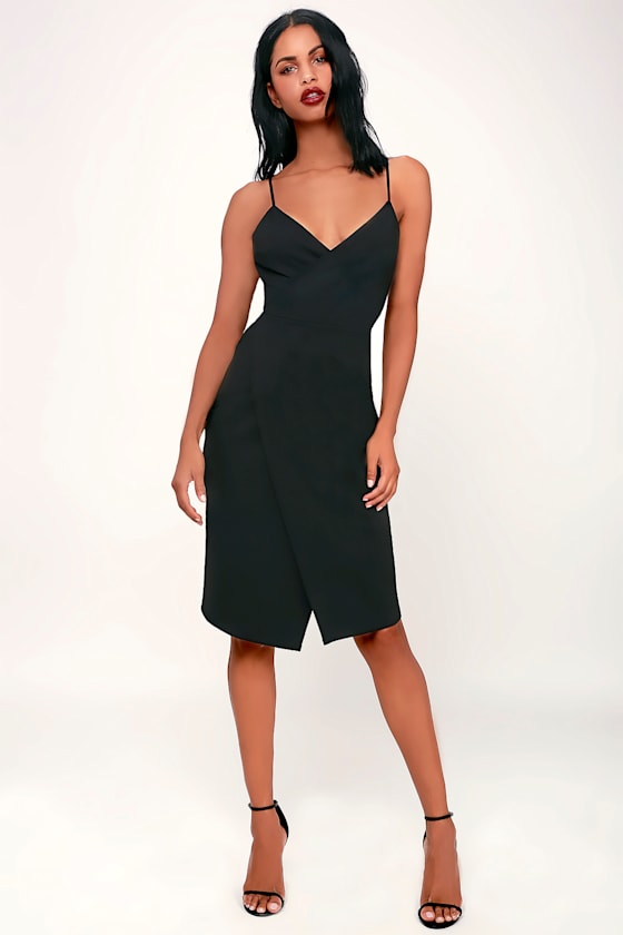 Sexy Black Dress - Black Surplice Dress - Sheath Midi Dress