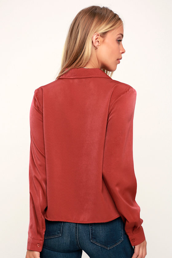 Cute Satin Top - Long Sleeve Top - Rust Red Top - Button Up Top