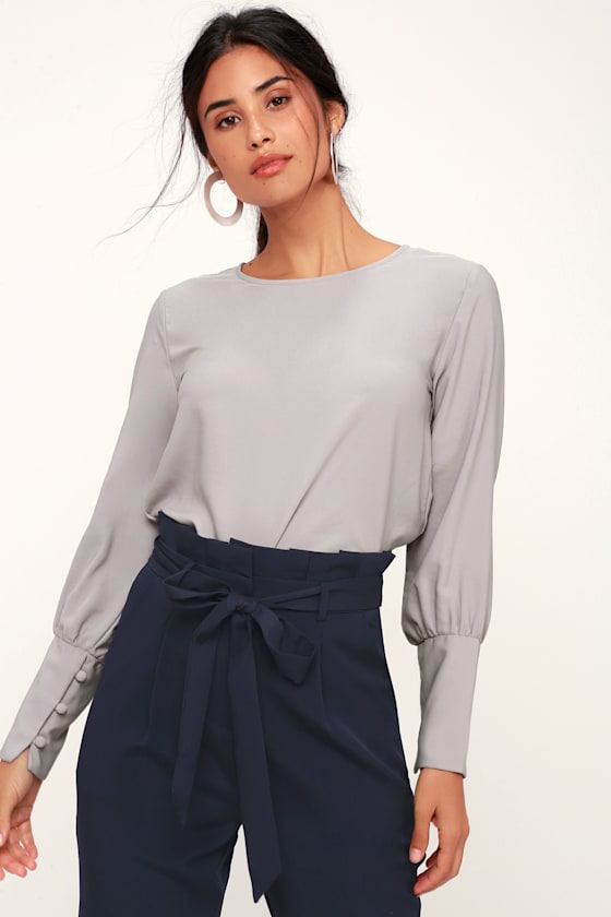 Classic Light Grey Top - Long Sleeve Top - Button Cuff Top