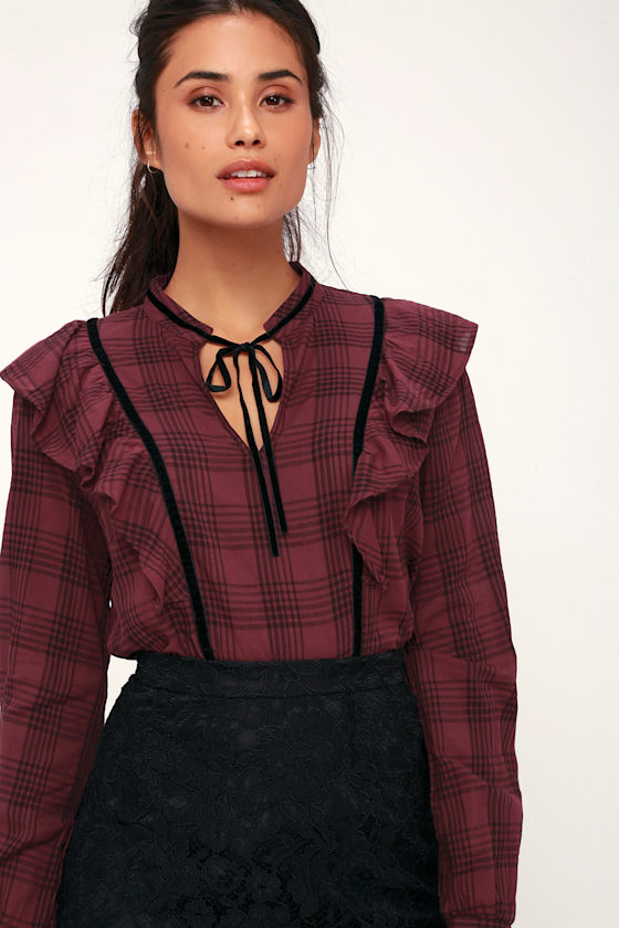 Burgundy Plaid Top - Long Sleeve Top - Ruffled Top - Velvet Top