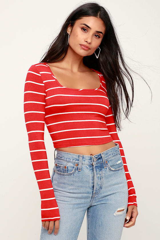 Cute Red Top - Crop Top - Striped Top - Long Sleeve Crop Top