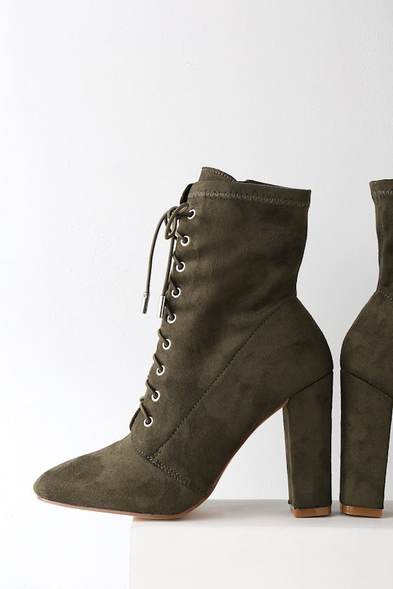 Cute Olive Booties - Lace-Up Booties - Olive Mid-Calf Booties