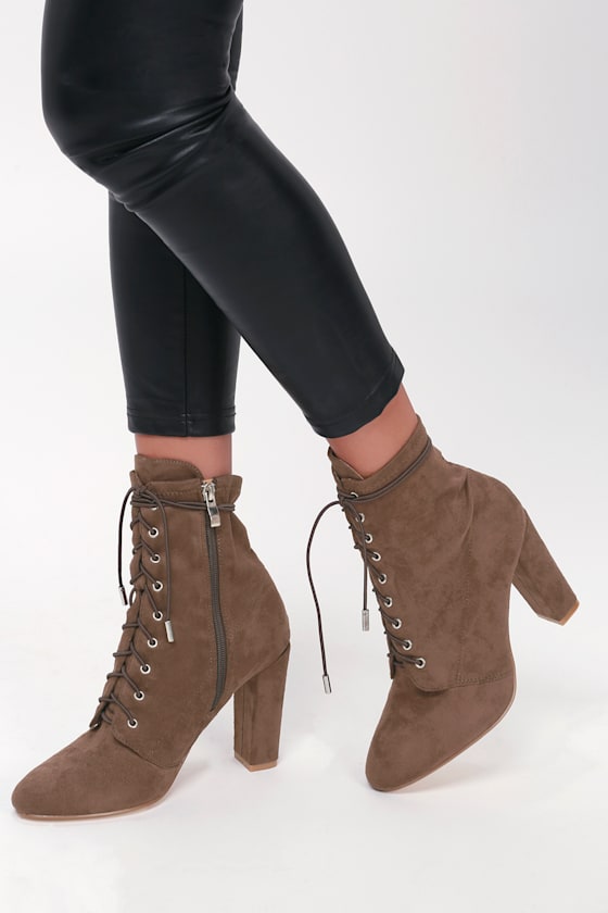 Cute Taupe Booties - Lace-Up Booties - Taupe Mid-Calf Booties