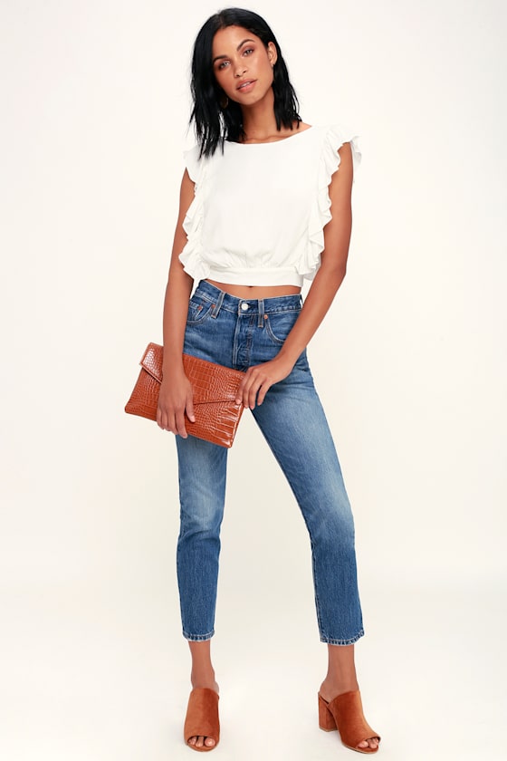 Amuse Society Go West - White Backless Crop Top - Ruffled Top