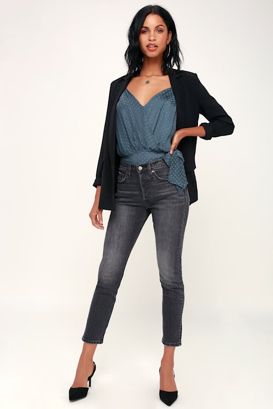 Cute Polka Dot Top - Slate Blue Top - Wrap Top - Blue Tank Top