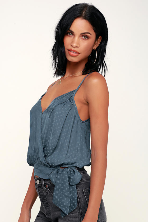 Cute Polka Dot Top - Slate Blue Top - Wrap Top - Blue Tank Top