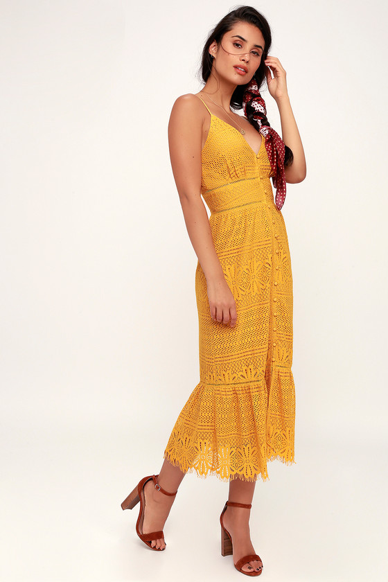 Lovely Mustard Yellow Dress Lace Dress Button Up Dress