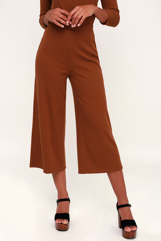 Cute Rust Brown Pants - Culotte Pants - Brown Ribbed Pants