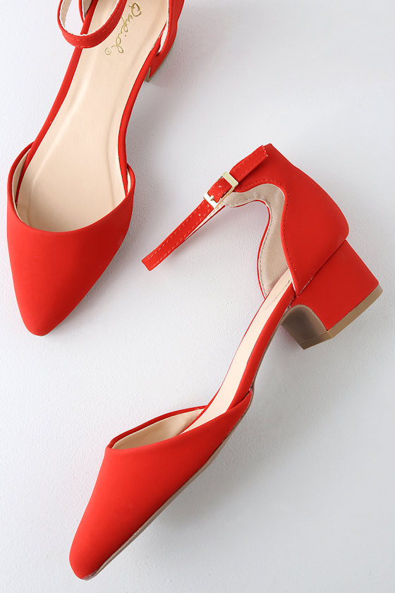 Cute Red Heels - Nubuck Ankle Strap Pumps - Block Heel Pumps