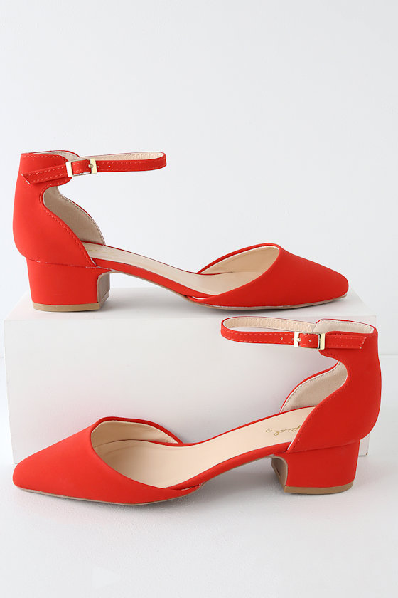 Cute Red Heels - Nubuck Ankle Strap Pumps - Block Heel Pumps