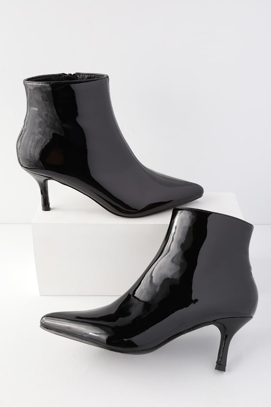 Chic Black Booties - Black Patent Booties - Kitten Heel Booites