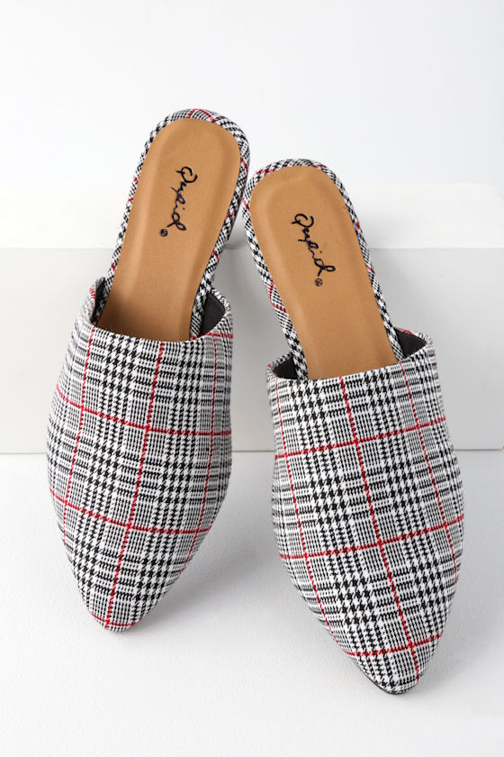 Cute Plaid Mules - Vegan Mules - Black and Red Plaid Mules
