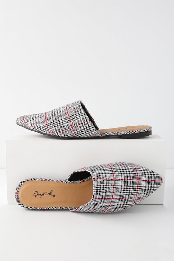 Cute Plaid Mules - Vegan Mules - Black and Red Plaid Mules