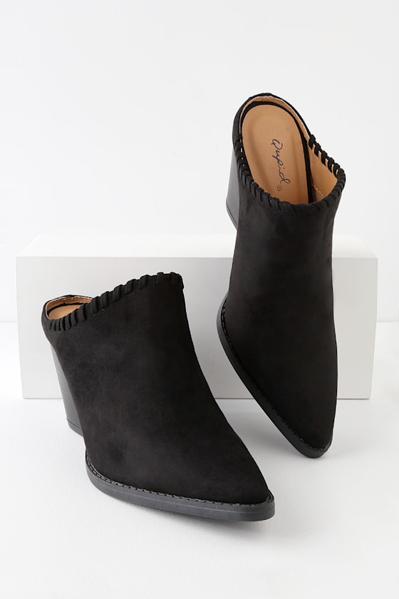 Cute Black Mules - Vegan Suede Mules - Pointed Toe Mules