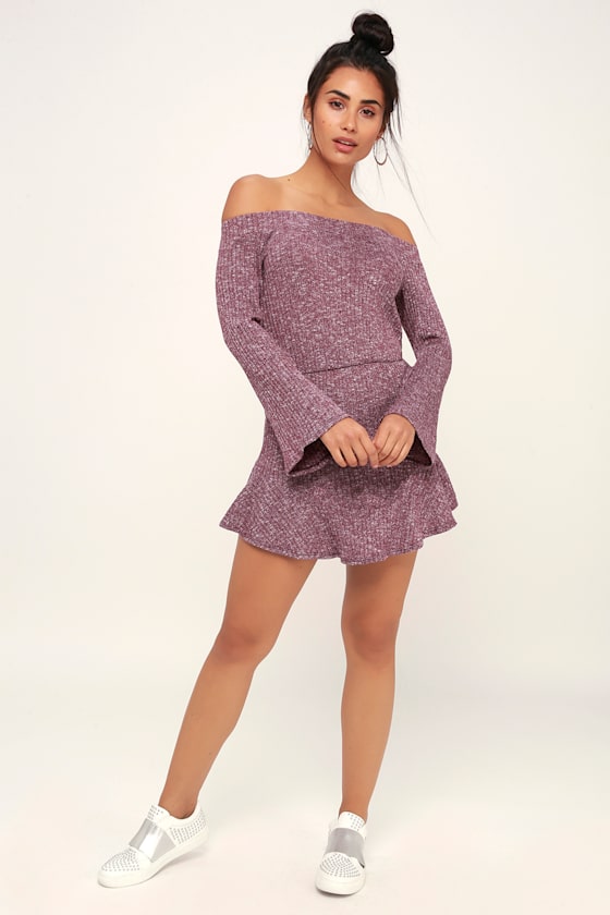 Cute Burgundy Dress - Marled Dress - Off-the-Shoulder Dress