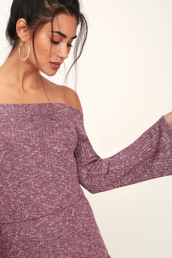 Cute Burgundy Dress - Marled Dress - Off-the-Shoulder Dress