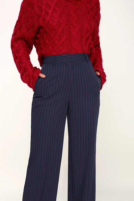 Chic Wide-Leg Pants - Navy Blue Pants - Pinstripe Pants