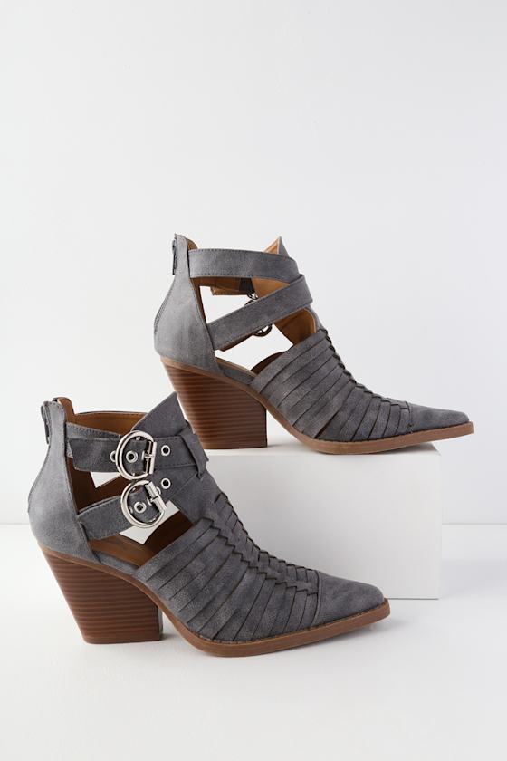 Cool Grey Booties - Woven Ankle Booties - Cutout Ankle Booties