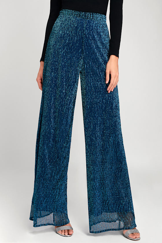 Metallic Blue Pants - Wide-Leg Pants - Blue Pants - Woven Pants