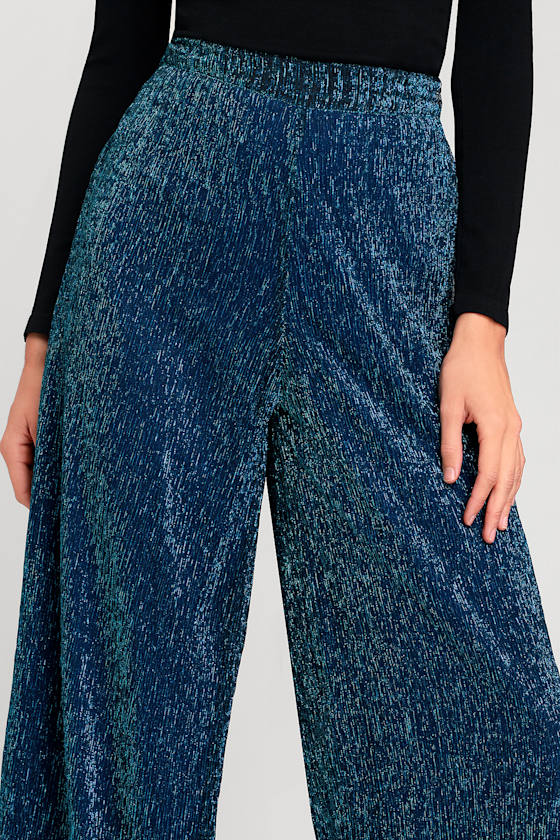 Metallic Blue Pants - Wide-Leg Pants - Blue Pants - Woven Pants