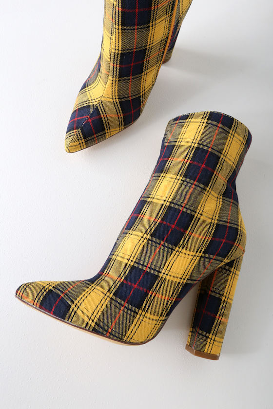 Cute Plaid Booties - Yellow Plaid Booties - Mid-Calf Booties