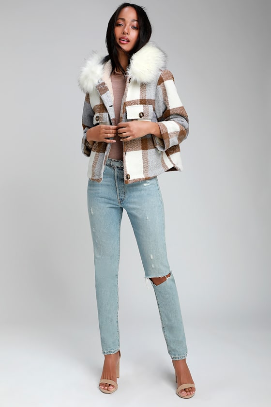 Cute Plaid Coat - Faux Fur Coat - Hooded Coat - Light Blue Coat
