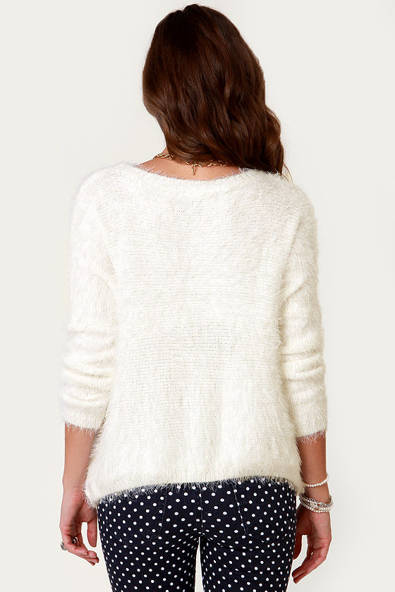 Cute Fuzzy Sweater - White Sweater - Pullover Sweater - $34.00