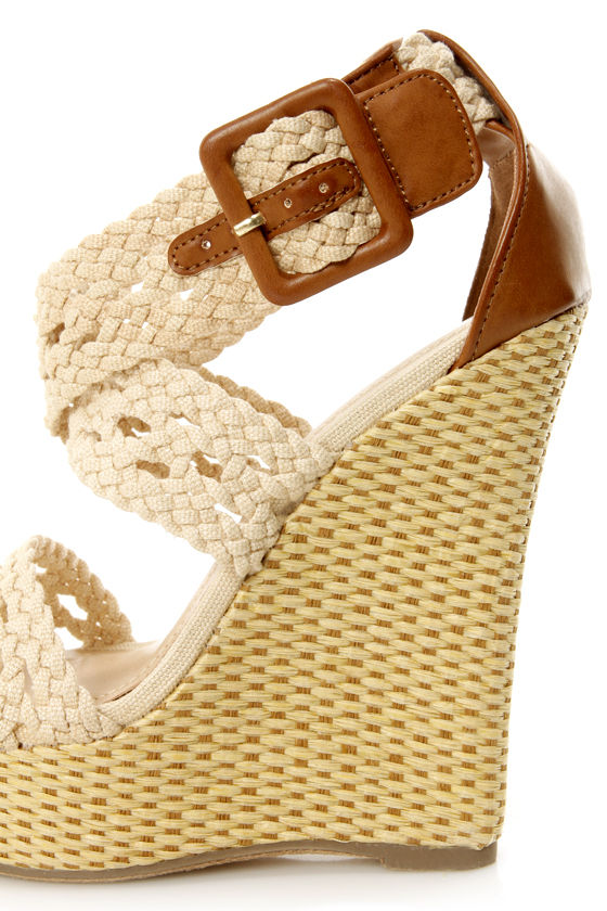 Bamboo Pompey 39 Beige Canvas Crocheted Wedge Sandals - $38.00