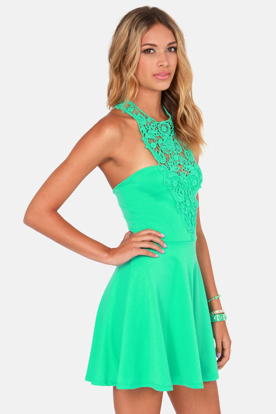 Pretty Mint Green Dress - Lace Dress - Halter Dress - $43.00