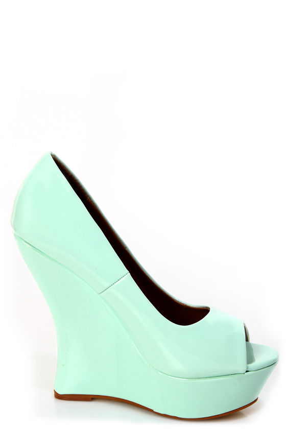 Paris Mint Patent Peep Toe Platform Wedges - $49.00