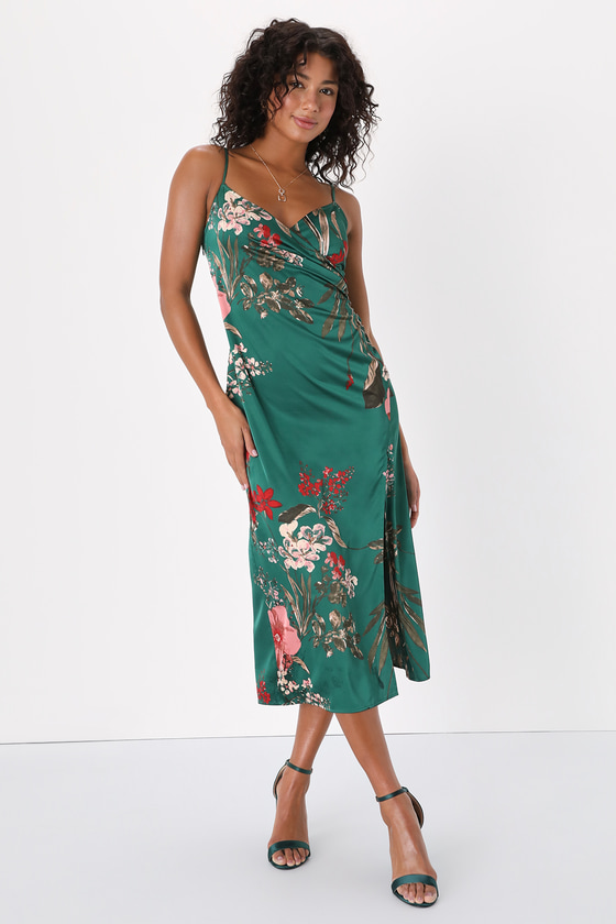 Lulus Remarkable Entrance Emerald Green Floral Print Satin Midi Dress