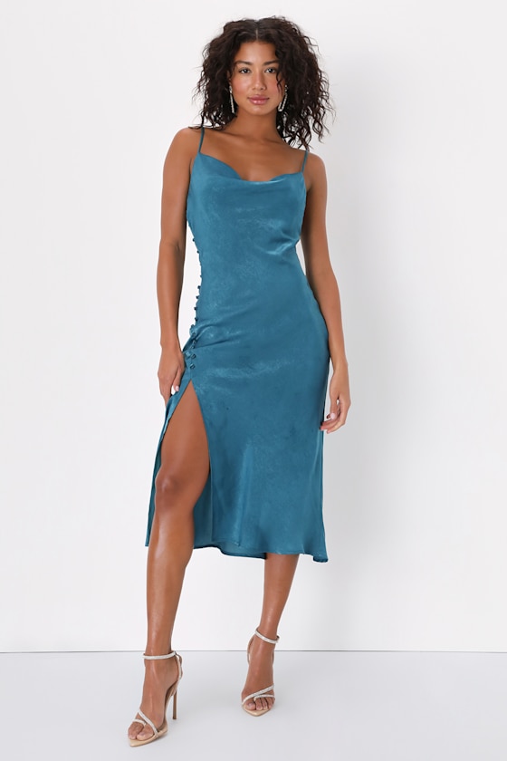 Teal Midi Slip Dress - Satin Slip Dress - Button Side Dress - Lulus