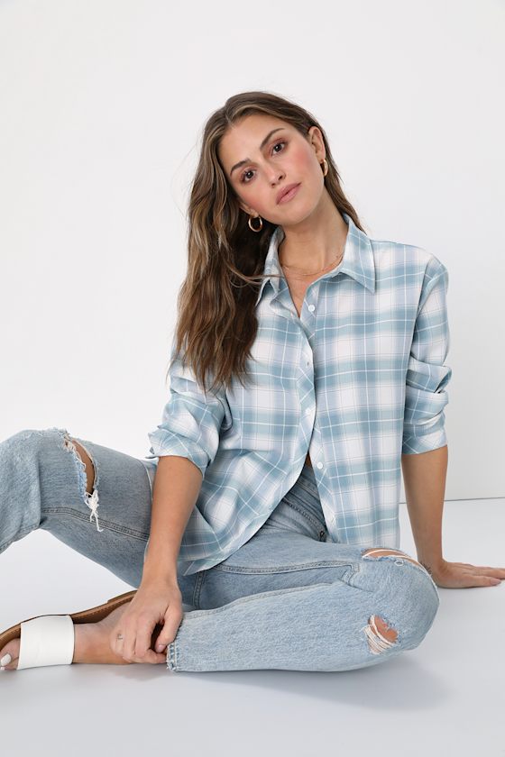 Light Blue Plaid Top - Button-Up Top - Long Sleeve Button-Up Top - Lulus