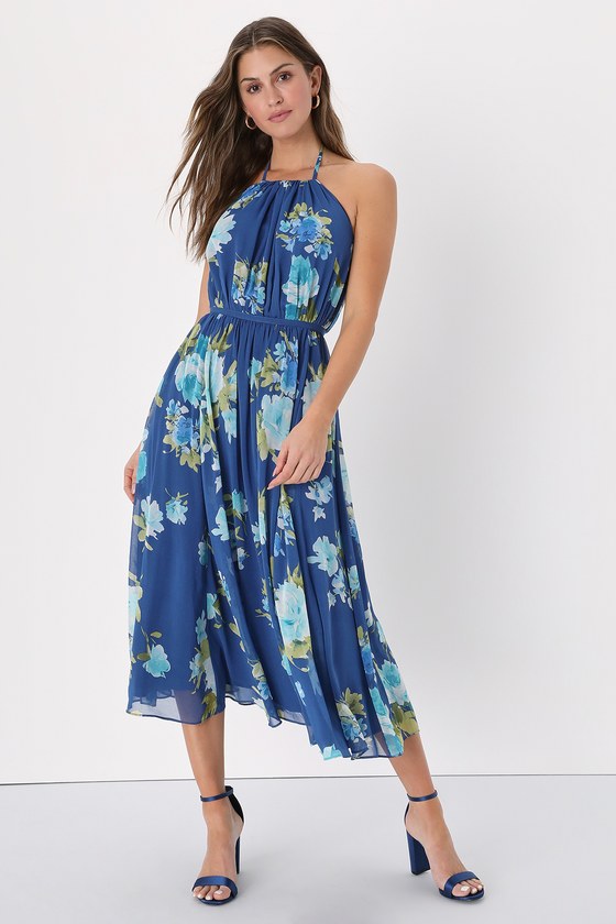 Blue Floral Print Dress Halter Midi Dress Tie Back Dress Lulus