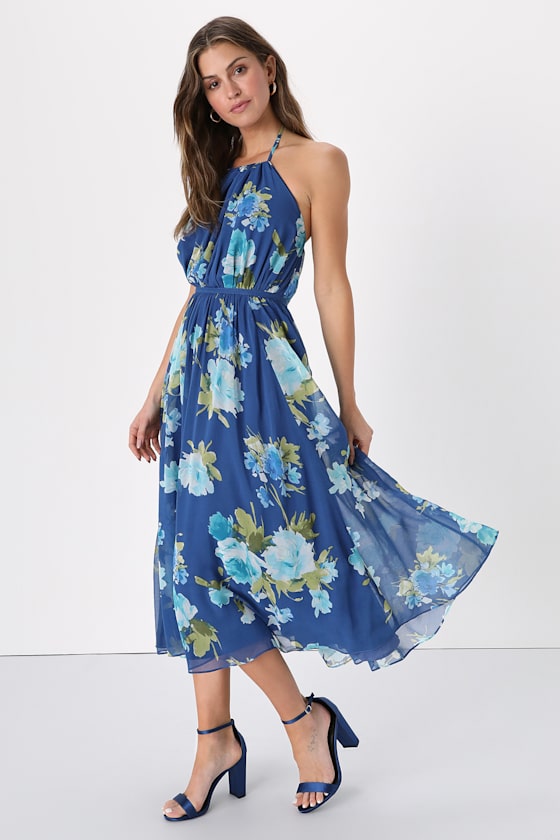 Blue Floral Print Dress - Halter Midi Dress - Tie-Back Dress - Lulus