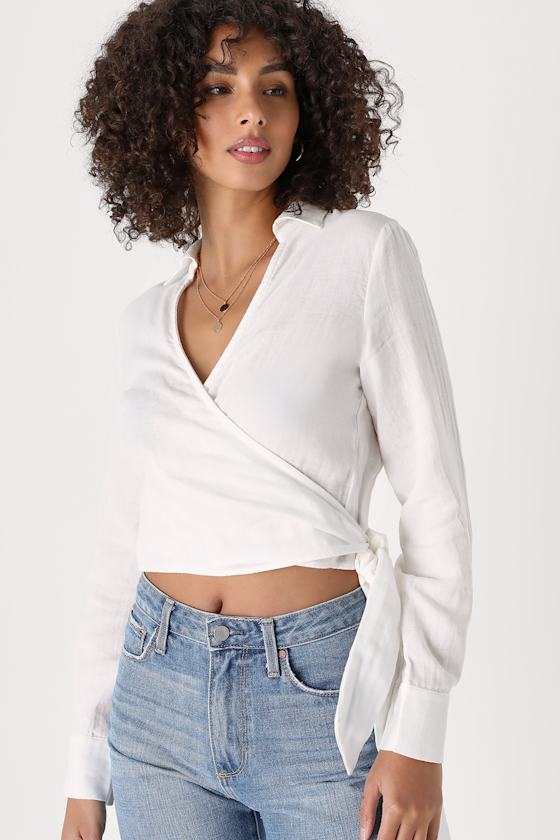Ivory Linen Top - Wrap Top - Long Sleeve Blouse - Collared Top - Lulus