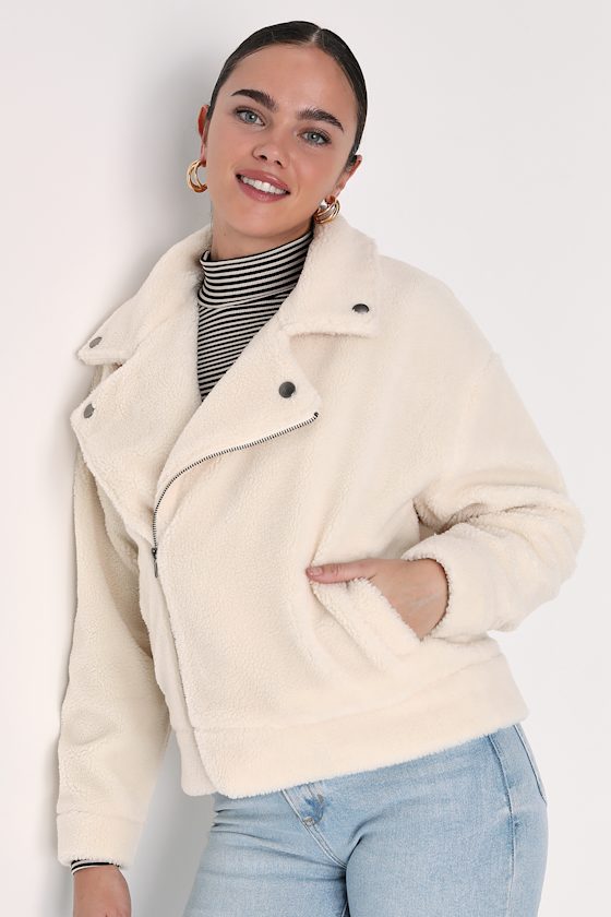 Cream Shearling Jacket - Teddy Moto Jacket - Fuzzy Jacket - Lulus