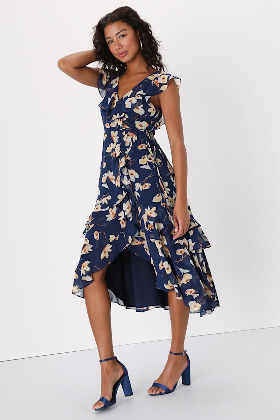 Navy Blue Floral Dress - Tiered Midi Dress - Ruffled Midi Dress - Lulus