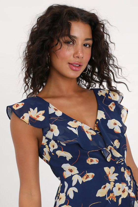 Lulus Elegant Darling Navy Blue Floral Print Tiered Midi Wrap Dress