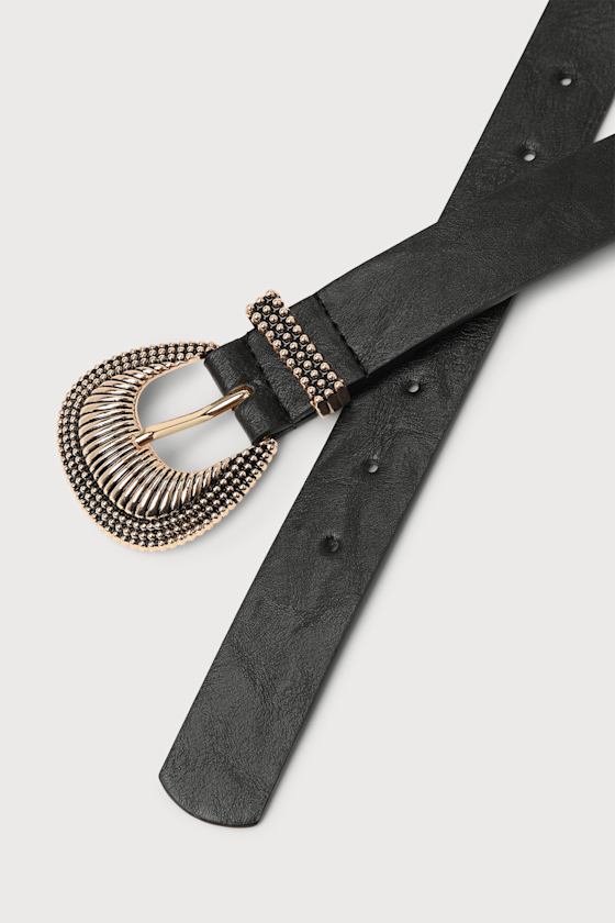 Black Statement Belt - Faux Leather Belt - Gold Buckle Belt - Lulus