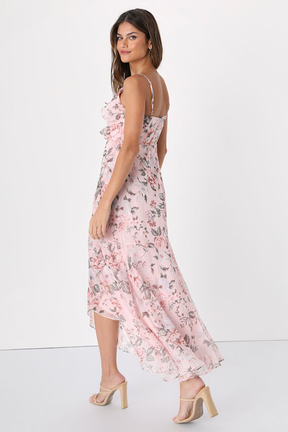 Blush Pink Floral Print Dress - High-Low Dress - Ruffled Dress - Lulus