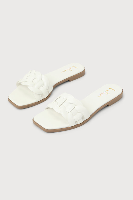 White Slide Sandals - Woven Faux Leather Sandals - Slides - Lulus