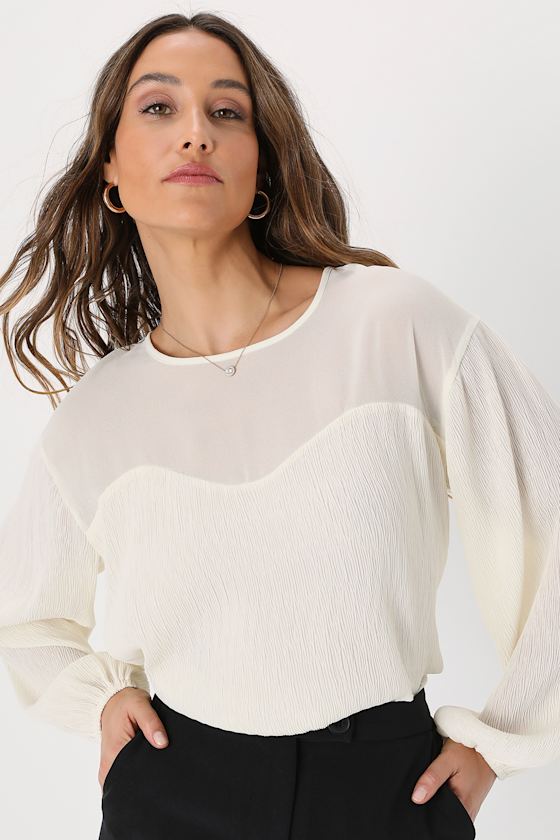 Cream Long Sleeve Top - Sheer Décolletage Top - Tie-Back Top - Lulus