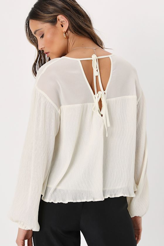 Cream Long Sleeve Top - Sheer Décolletage Top - Tie-Back Top - Lulus