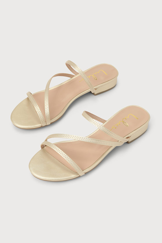 Gold Slide Sandals - Strappy Slide Sandals - Low Heel Slides - Lulus