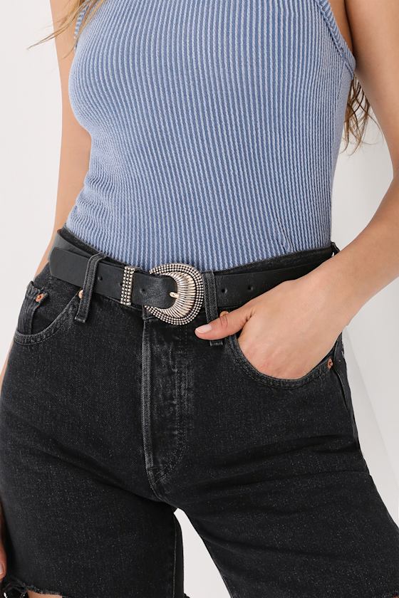 Black Statement Belt - Faux Leather Belt - Gold Buckle Belt - Lulus