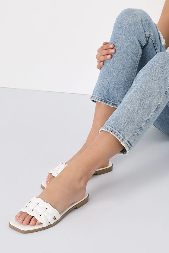 White Slide Sandals - Woven Faux Leather Sandals - Slides - Lulus