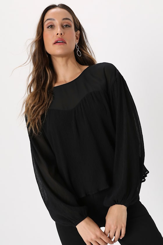 Black Long Sleeve Top - Sheer Décolletage Top - Tie-Back Top - Lulus